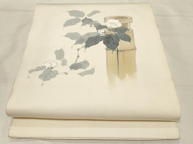 平和屋着物●塩瀬　九寸開き名古屋帯　手描き　草花文　正絹　逸品　CABA9194dy