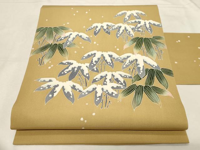 平和屋着物●塩瀬　九寸名古屋帯　友禅　作家物　雪持ち笹文　正絹　逸品　CABA9199dy