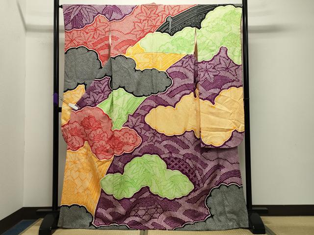 平和屋着物●豪華振袖　総絞り　立波雲取り松文　正絹　逸品　CABA9705gh