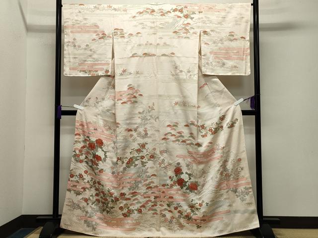 平和屋着物●創業460年・千總　訪問着　刺繍　流水草花文　金彩　正絹　逸品　未使用　CABA9764gh