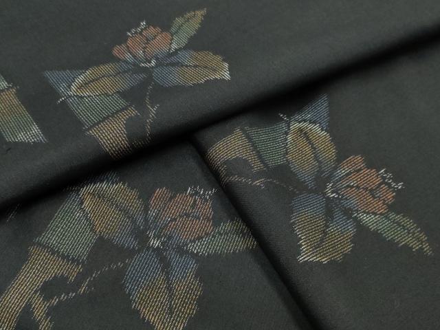 平和屋着物●上質な紬　枝花文　黒地　正絹　逸品　CABA9768gh