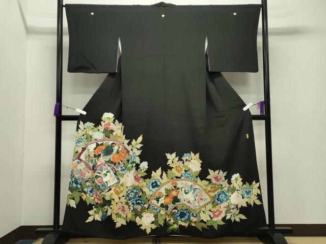 平和屋着物●豪華黒留袖　友禅　作家物　地紙重ね尾長鳥花文　正絹　逸品　CABA9792gh