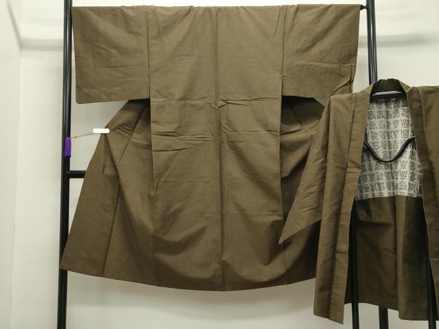 平和屋着物●男性　紬　アンサンブル　霞文　鶯茶色　正絹　逸品　CABA9843gh