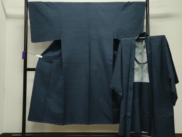 平和屋着物●男性　紬　アンサンブル　霞文　鉄紺色　正絹　逸品　CABA9863gh