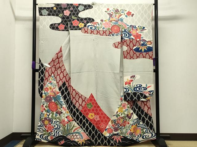 平和屋着物●豪華振袖　型染め　鳳凰花文　鬼しぼ縮緬　正絹　逸品　CABA9927gh