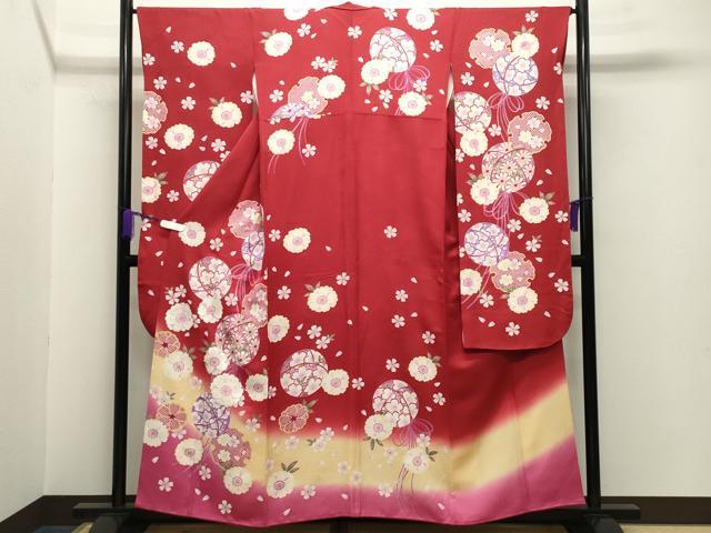 平和屋着物●豪華振袖　刺繍　雪輪毬舞桜文　暈し染め　金彩　正絹　逸品　CABA9928gh