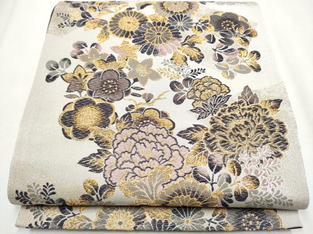 平和屋着物●六通柄袋帯　藍　切嵌　草花文　金糸　正絹　逸品　CABB0412hy