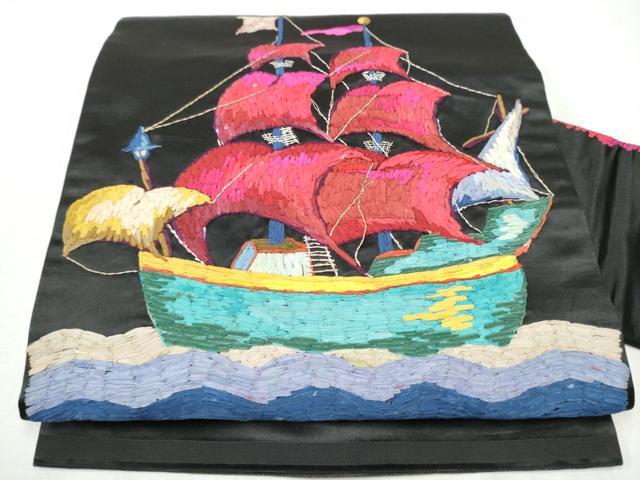 平和屋着物●アンティーク　大正ロマン　九寸名古屋帯　総刺繍　南蛮船　黒地　銀糸　正絹　逸品　CABB0444hy