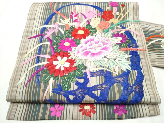 平和屋着物●アンティーク　大正ロマン　九寸名古屋帯　総刺繍　花籠文　金糸　正絹　逸品　CABB0445hy