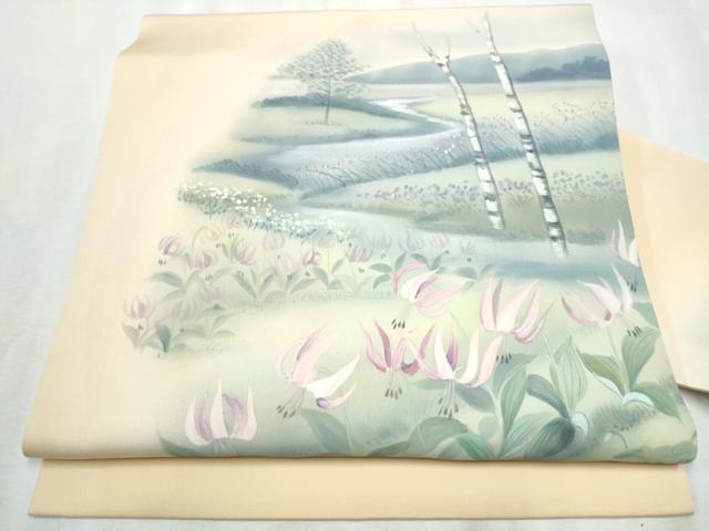 平和屋着物●塩瀬　九寸名古屋帯　手描き　風景草花文　正絹　逸品　CABB0464hy
