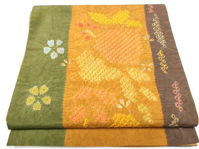 平和屋着物●六通柄　京袋帯　紬地　絞り　草花文　正絹　逸品　CABB0504hy