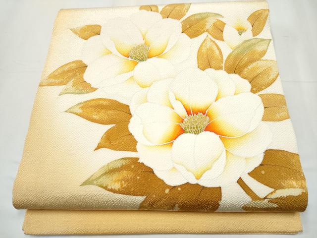 平和屋着物●鎌倉友禅　坂井教人　日本工芸会正会員　　九寸開き名古屋帯　椿　金彩　鬼しぼ縮緬　正絹　逸品　CABB0508hy