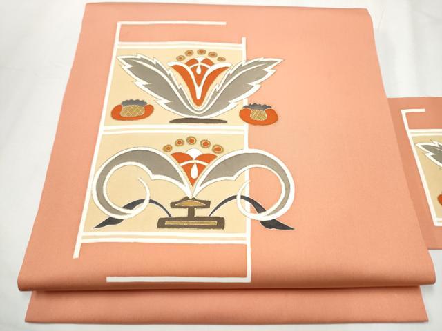 平和屋着物●塩瀬　九寸名古屋帯　駒刺繍　幾何学花文　金彩　正絹　逸品　CABB0509hy