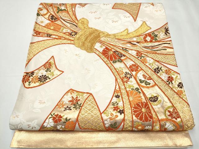 平和屋着物●西陣　河合美術織物謹製　六通柄袋帯　唐織　吉祥寿のし　金糸　証紙付き　正絹　逸品　CABB0522hy