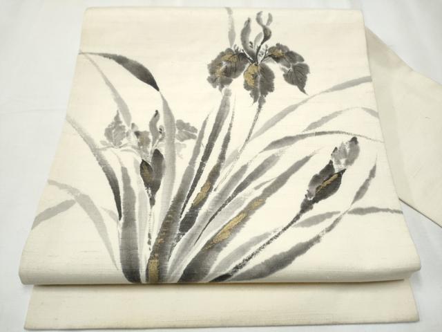 平和屋着物●九寸名古屋帯　作家物　手描き　紬地　草花文　金彩　正絹　逸品　CABB0550hy