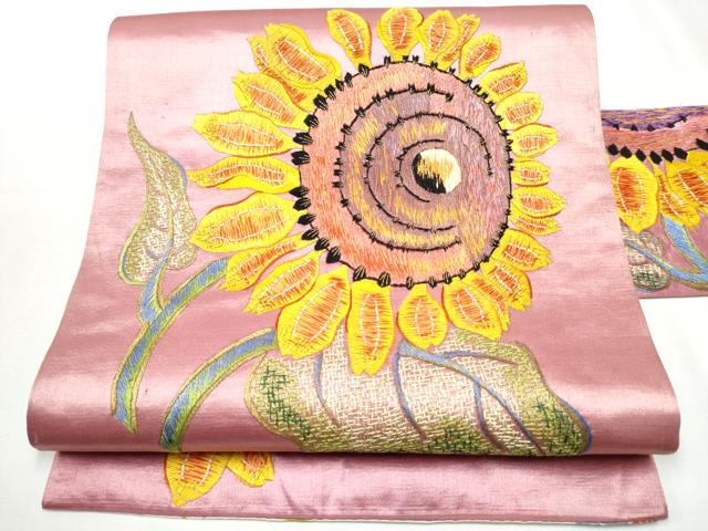 平和屋着物●アンティーク　大正ロマン　九寸名古屋帯　総手刺繍　向日葵　正絹　逸品　CABB0584hy