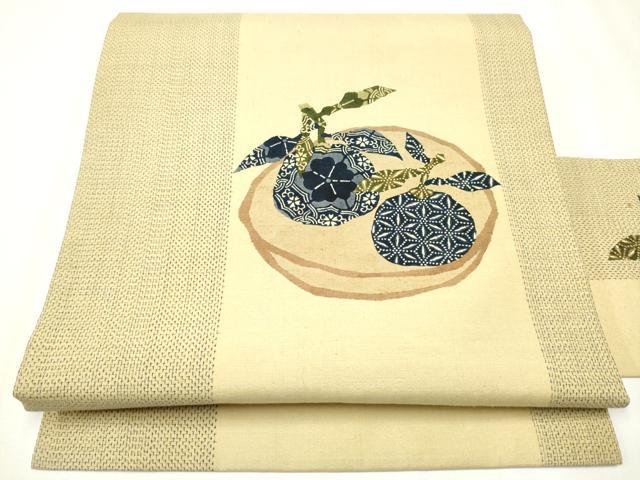 平和屋着物●九寸名古屋帯　紬地　型染め　成物　正絹　逸品　CABB0604hy