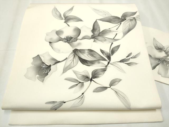 平和屋着物●塩瀬　九寸名古屋帯　作家物　手描き　枝花文　正絹　逸品　CABB0605hy