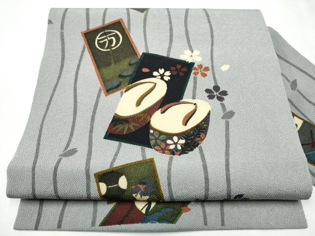 平和屋着物●全通柄　九寸名古屋帯　型染　下駄　色紙重ね草花文　鬼しぼ縮緬　正絹　逸品　CABB0620hy