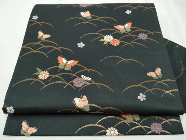 平和屋着物●九寸名古屋帯　唐織　花蝶文　黒地　金糸　正絹　逸品　CABB0622hy