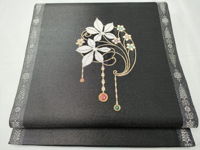 平和屋着物●太鼓柄袋帯　銀華山織　天然石　花唐草文　金銀糸　正絹　逸品　CABB0641hy