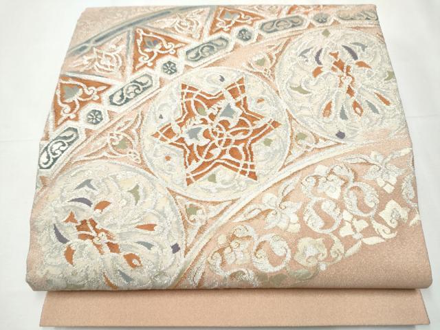 平和屋着物●太鼓柄袋帯　綴れ　吉祥花文　銀糸　正絹　逸品　CABB0662hy