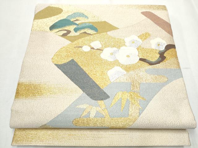 平和屋着物●爪掻き本綴れ　太鼓柄袋帯　松竹梅　金銀糸　正絹　逸品　CABB0701hy