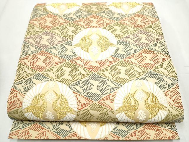 平和屋着物●両面　六通柄袋帯　唐織　松菱に鶴の丸文様　金糸　正絹　逸品　CABB0712hy