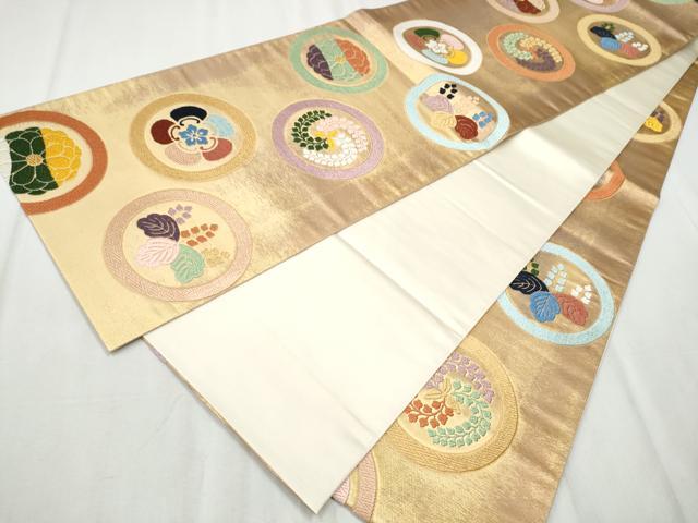 平和屋着物●全通柄袋帯　唐織　草花丸文　金糸　正絹　逸品　未使用　CABB0715hy