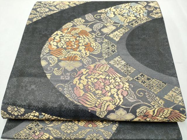 平和屋着物●日本画家　霜鳥忍の世界　彩天目織　六通柄袋帯　唐織　鳳凰花丸文　金糸　正絹　逸品　CABB0717hy