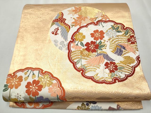 平和屋着物●六通柄袋帯　唐織　雪輪花鳥文　金銀糸　正絹　逸品　CABB0731hy