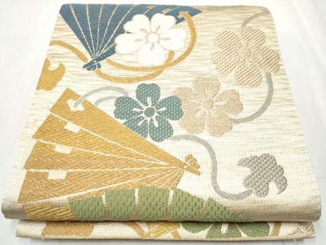 平和屋着物●六通柄袋帯　唐織　桧扇花文　金糸　正絹　逸品　CABB0732hy