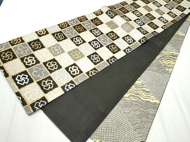 平和屋着物●両方向　全通柄袋帯　市松吉祥文　金銀糸　正絹　逸品　CABB0736hy
