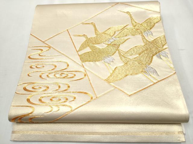 平和屋着物●西陣　川島織物　太鼓柄袋帯　総刺繍　駒刺繍　流水飛鶴文　金銀糸　正絹　逸品　CABB0744hy