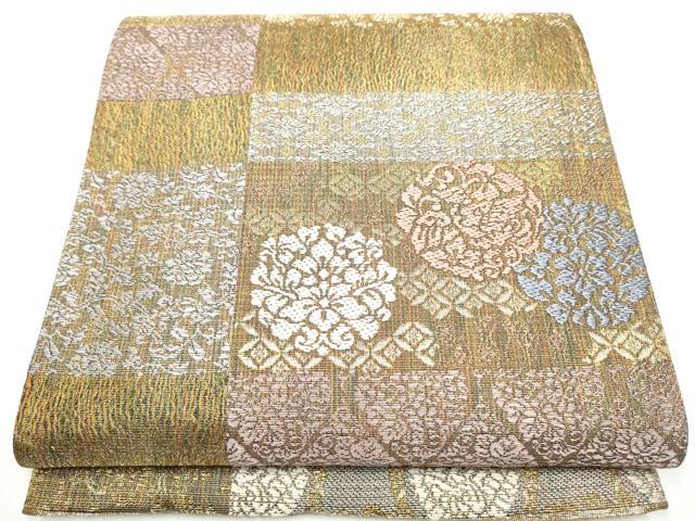 平和屋着物●両面　六通柄袋帯　唐織　市松横段松竹梅　金糸　正絹　逸品　CABB0754hy