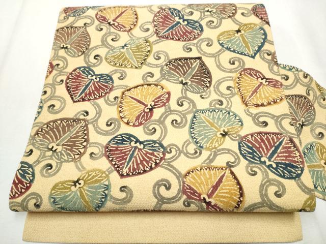 平和屋着物●九寸名古屋帯　型染め　葵　鬼しぼ縮緬　正絹　逸品　CABB0765hy