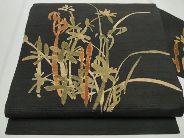 平和屋着物●九寸名古屋帯　紬地　ろうけつ染　つくし　黒地　金糸　正絹　逸品　CABB0772hy