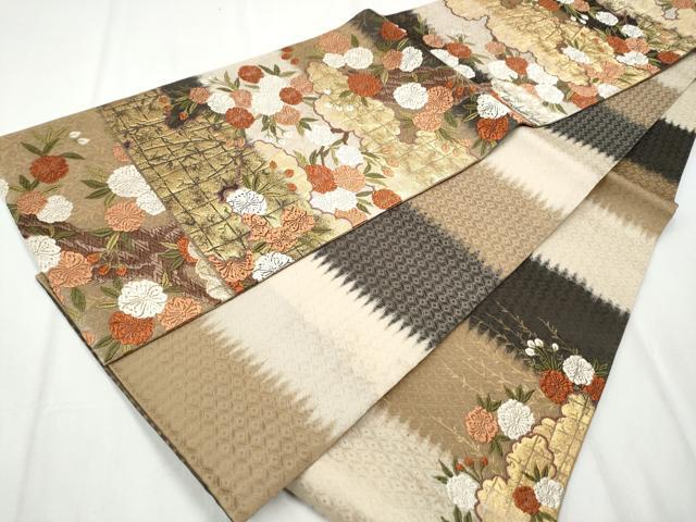平和屋着物●西陣の名門　加納幸謹製　両面　六通柄袋帯　唐織　雲重ね草花文　金糸　正絹　逸品　CABB0799hy
