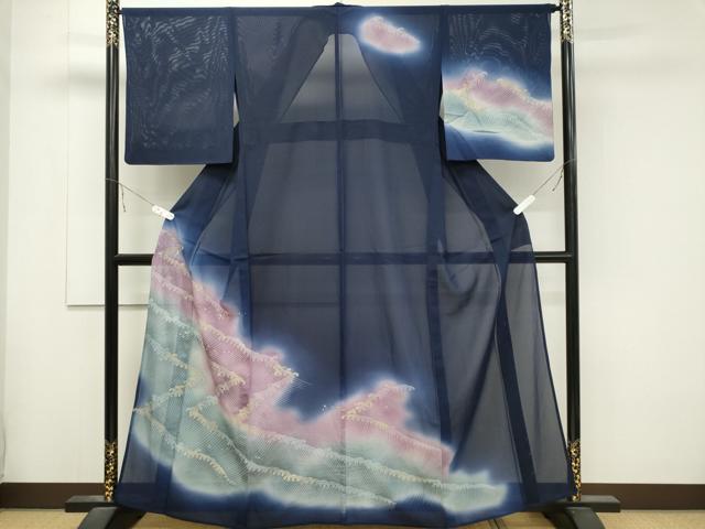 平和屋着物＊夏物　訪問着　絽　立波文　暈し染め　金彩　正絹　逸品　CABB1730ou