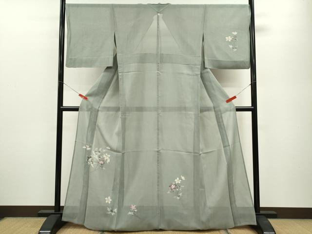 平和屋着物＊夏物　訪問着　紬地　草花文　正絹　逸品　CABB2078ze