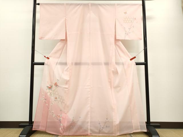 平和屋着物＊夏物　訪問着　絽　網目萩舞蝶文　暈し染め　金彩　洗える着物　CABB2080ze