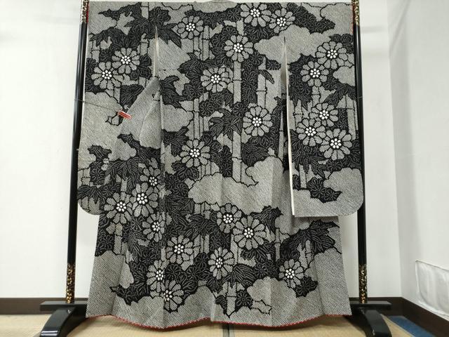 平和屋着物●豪華振袖　総絞り　雲取り竹並び草花文　黒地　正絹　逸品　CABB4038yc