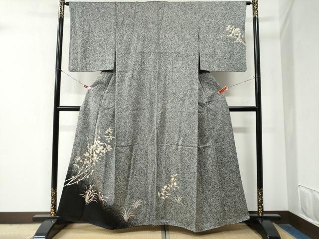 平和屋着物●訪問着　枝花文　たたき染め　黒地　金彩　鈴乃屋扱い　正絹　逸品　CABB4061yc