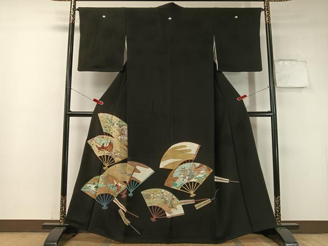 平和屋着物●染刺工芸　大羊居　東京友禅　黒留袖　刺繍　手描き　扇面平安人物風景文　金彩　松坂屋扱い　正絹　逸品　CABB4806vp