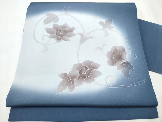 平和屋着物●塩瀬　九寸名古屋帯　枝花文　銀彩　正絹　逸品　CABB5605hy