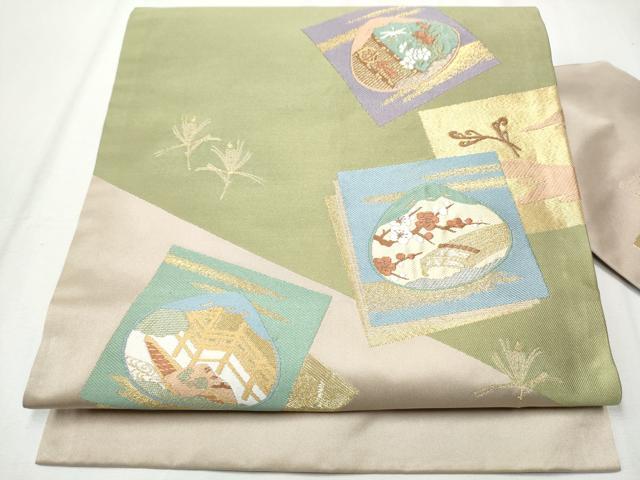 平和屋着物●九寸名古屋帯　唐織　色紙重ね風景文　金糸　正絹　逸品　CABB5606hy