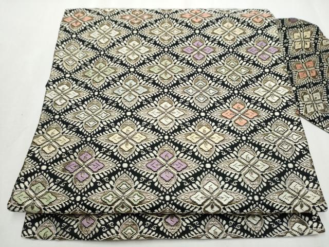 平和屋着物●九寸名古屋帯　唐織　菱花文　黒地　金糸　正絹　逸品　CABB5658hy