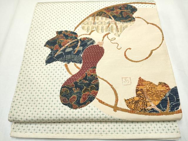 平和屋着物●宮脇綾子　太鼓柄袋帯　瓢箪蔦の葉文　金糸　正絹　逸品　CABB5703hy