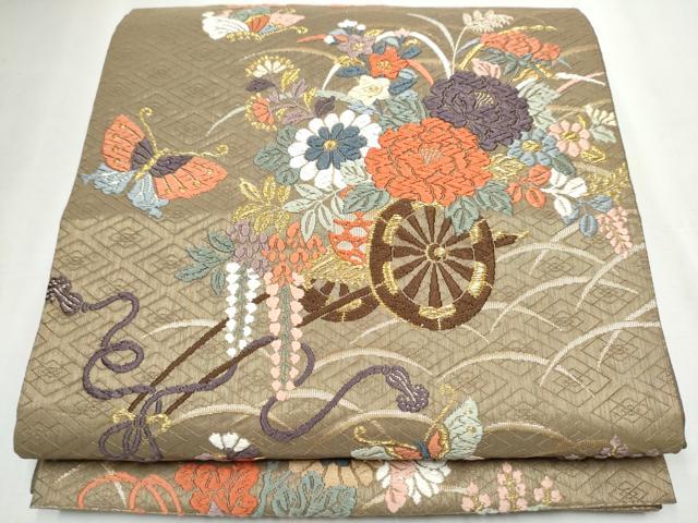 平和屋着物●六通柄袋帯　唐織　舞蝶花車文　金糸　正絹　逸品　CABB5726hy