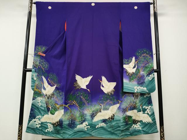 平和屋着物●アンティーク　大正ロマン　振袖　手描き　刺繍　立波飛鶴松文　正絹　逸品　CABB6007ut